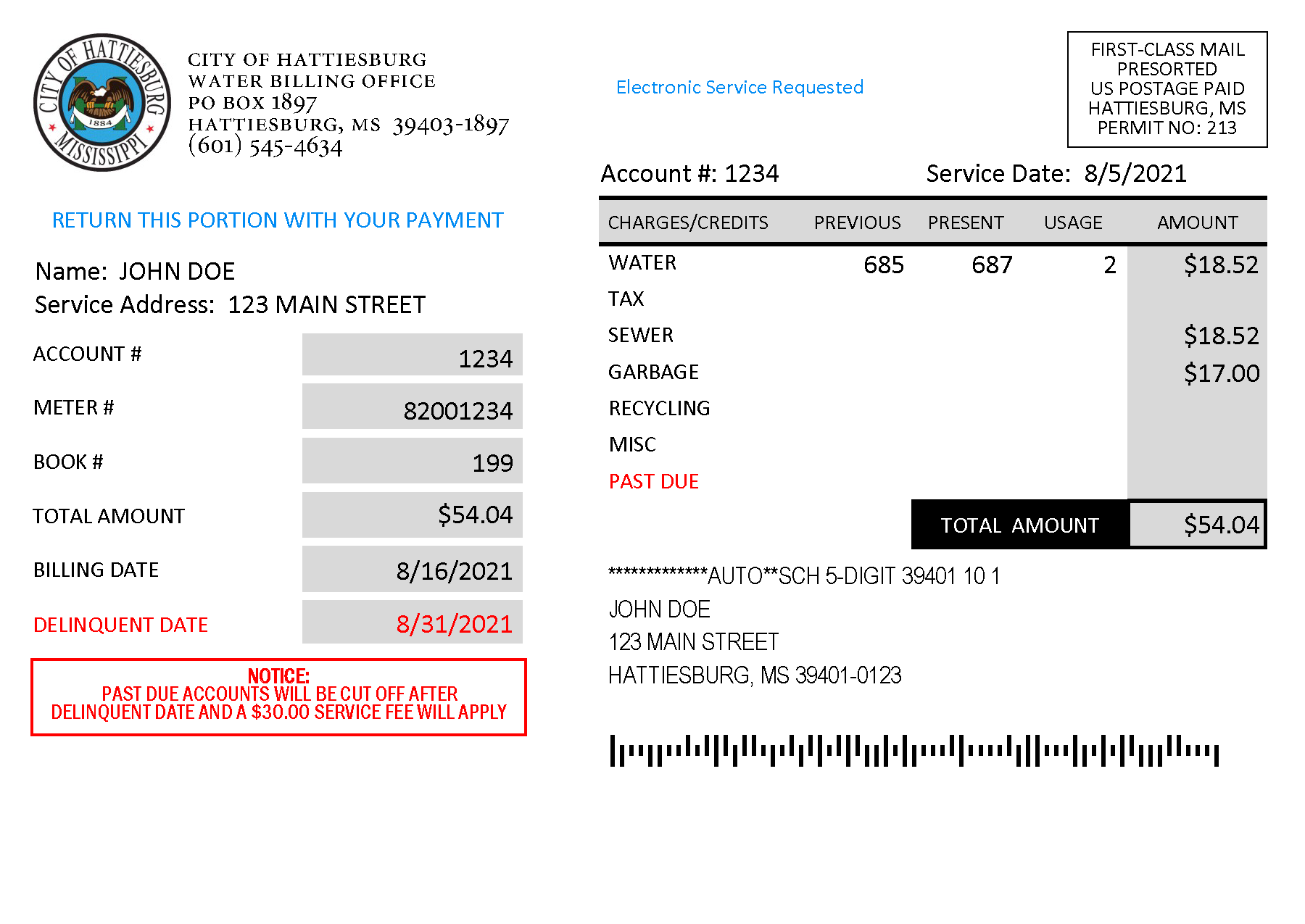 Sample water bill old Of Hattiesburg